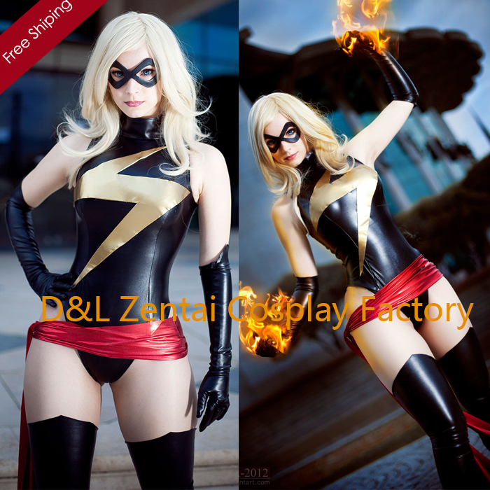 Free Shipping Dhl Woman Sexy Black And Gold Shiny Metallic Ms Marvel