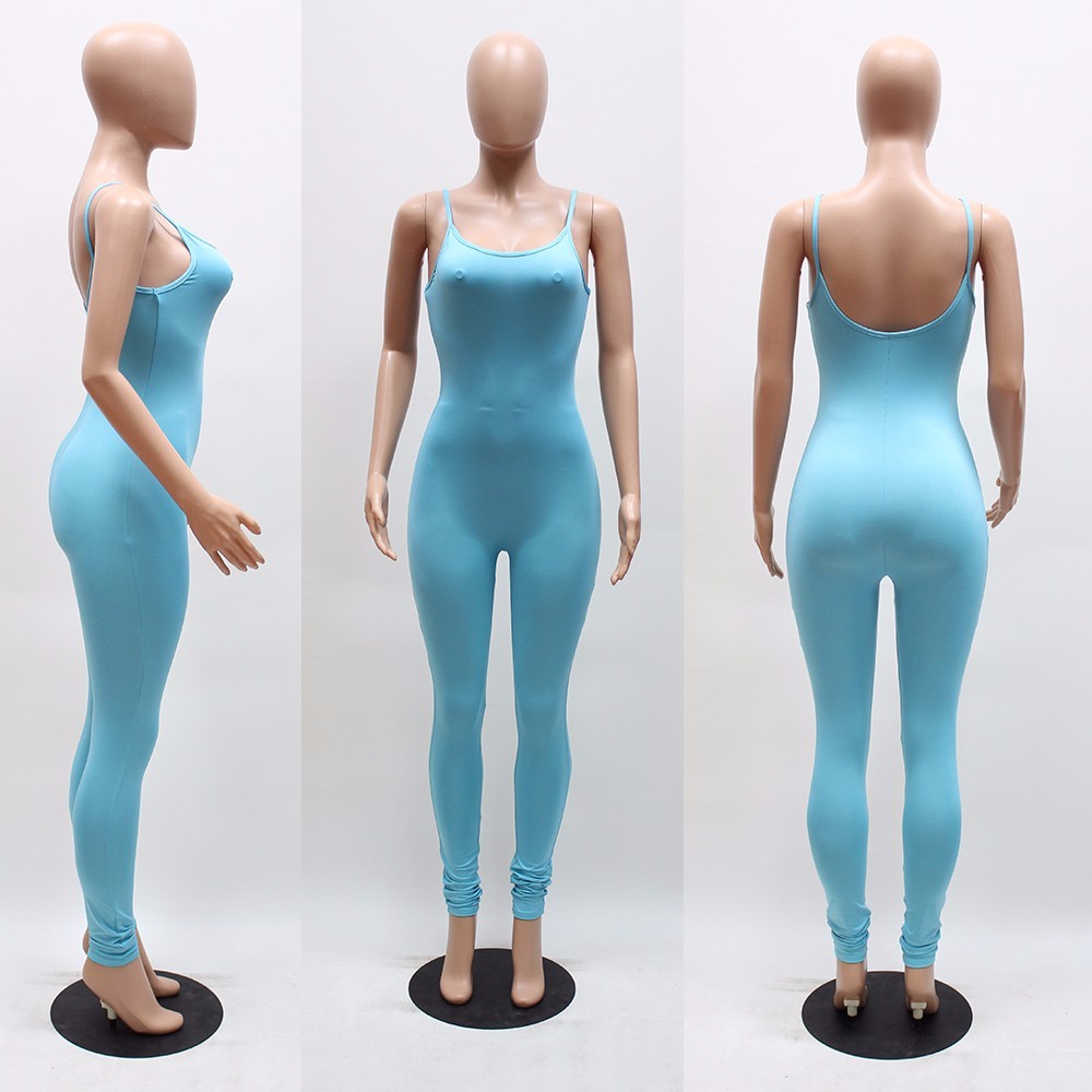 2020 Wholesale Candy Color Solid Basic Jumpsuits Women Skinny Bodycon