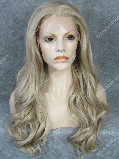 W07 Long Wavy Heat Resistant Synthetic Hair Ash Blonde Celebrity Lace Front Wet Wavy Wig Natural