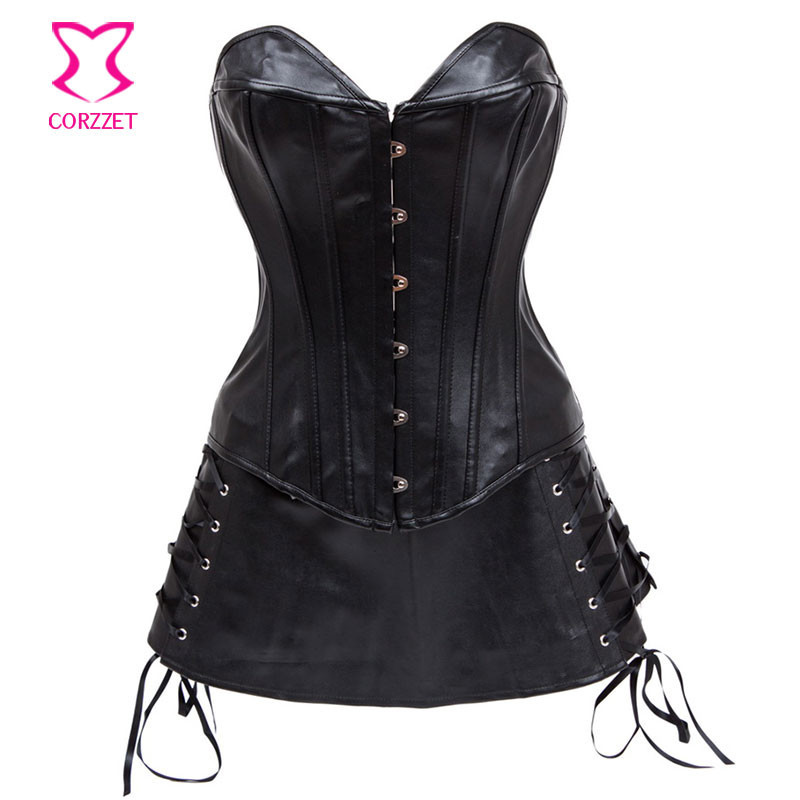 Steampunk Clothing Black Leather Corset Dress Bustier Skirt Set Women